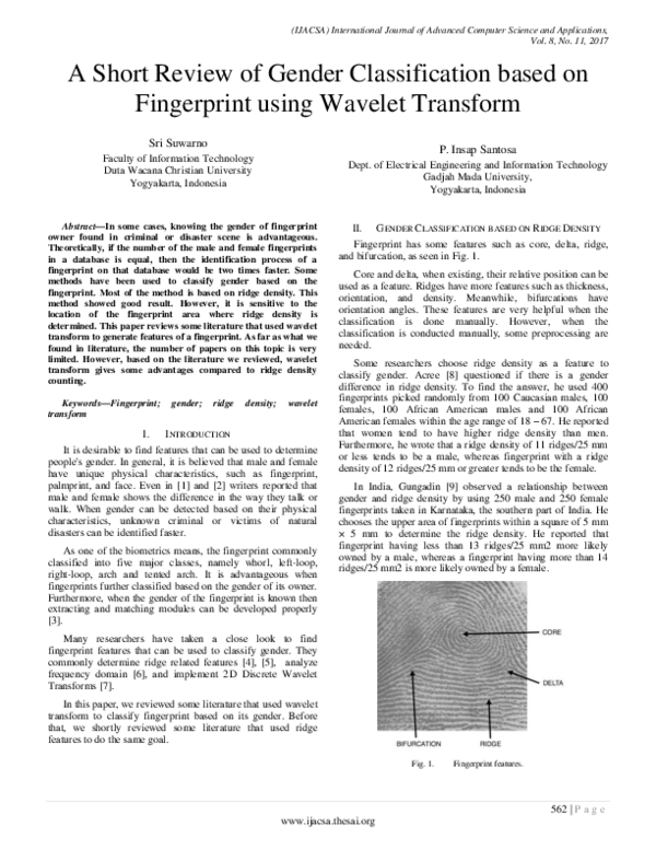 Pdf A Short Review Of Gender Classification Based On Fingerprint Using Wavelet Transform