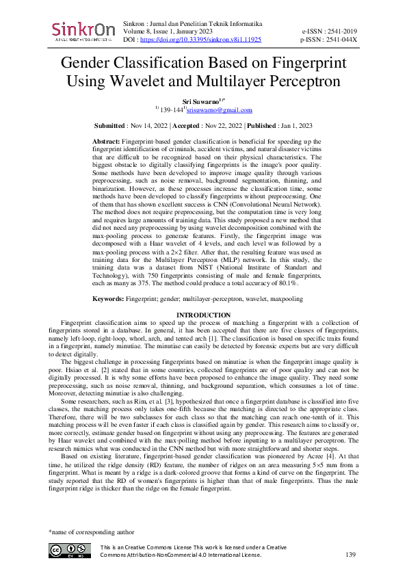(PDF) Gender Classification Based on Fingerprint Using Wavelet and Multilayer Perceptron