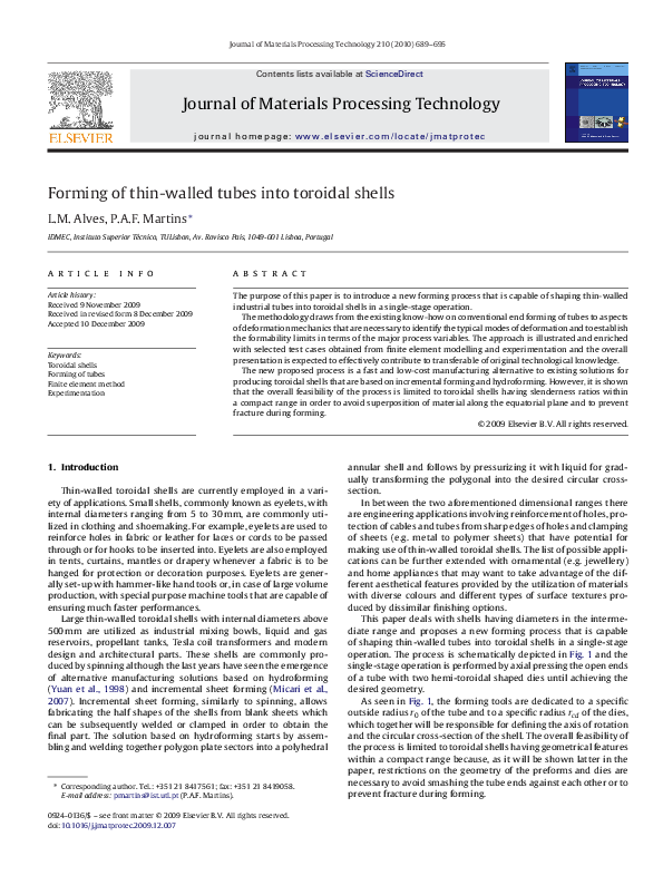 (PDF) Forming of thin-walled tubes into toroidal shells