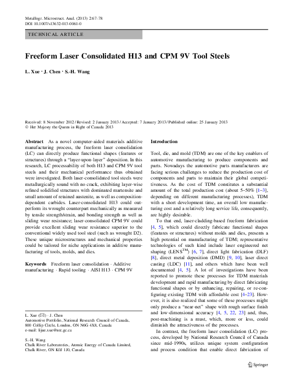 (PDF) Freeform Laser Consolidated H13 and CPM 9V Tool Steels