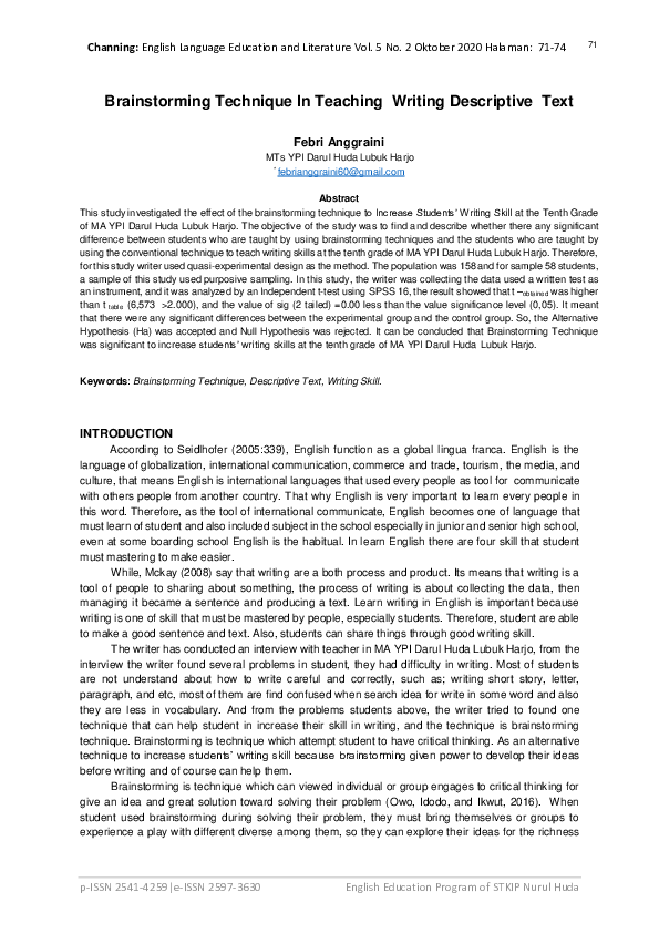 (PDF) Brainstorming Technique In Teaching Writing Descriptive Text