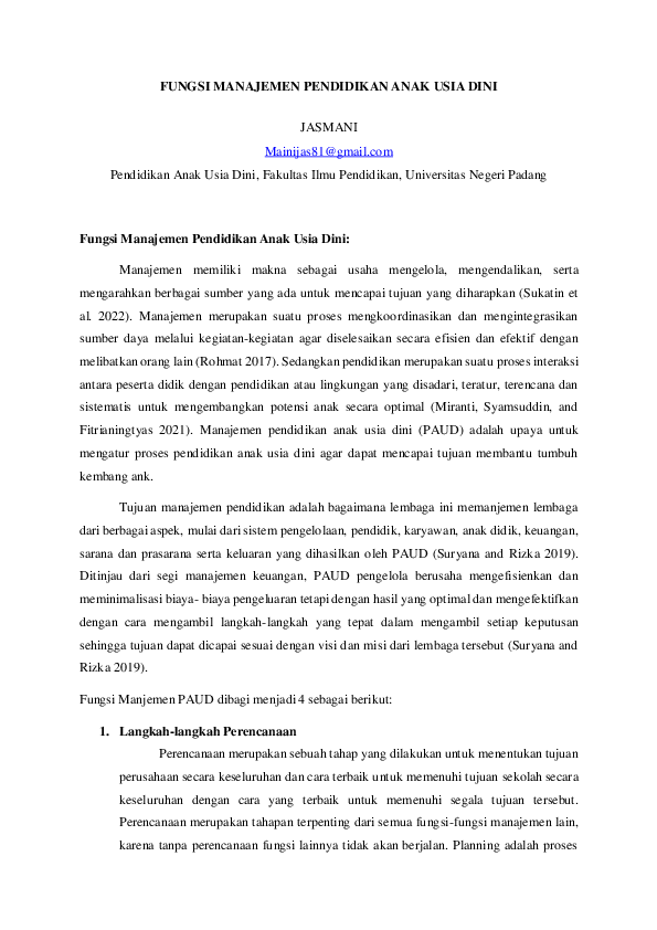 (PDF) FUNGSI MANAJEMEN PENDIDIKAN ANAK USIA DINI | Jasmani Wati ...