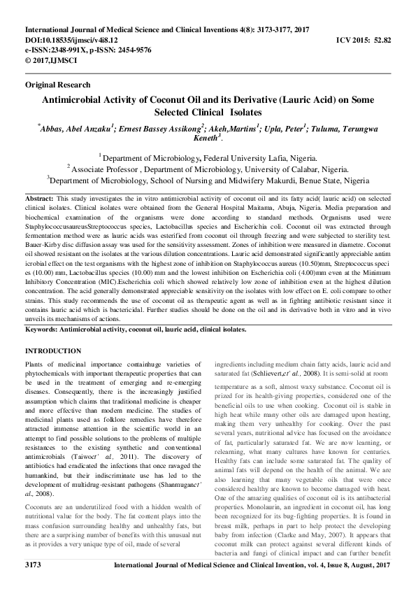 (PDF) Antimicrobial Activity of Coconut Oil and its Derivative (Lauric ...