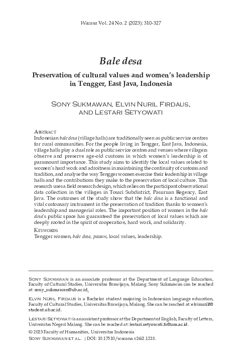 (PDF) "Bale desa"; Preservation of cultural values and women’s ...