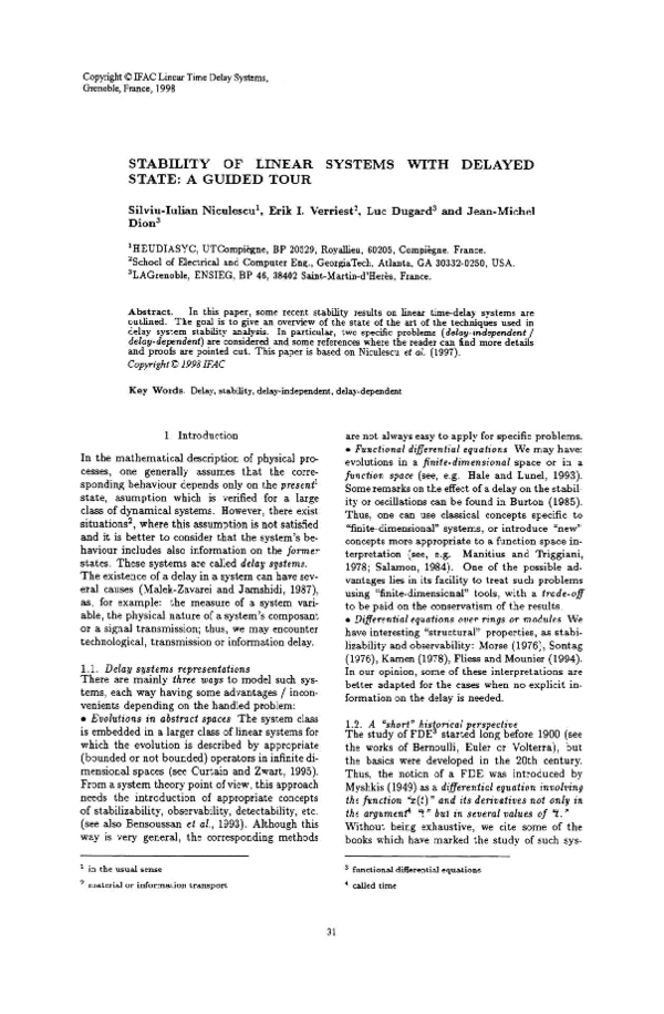(PDF) Stability of Linear Systems with Delayed State: A Guided Tour