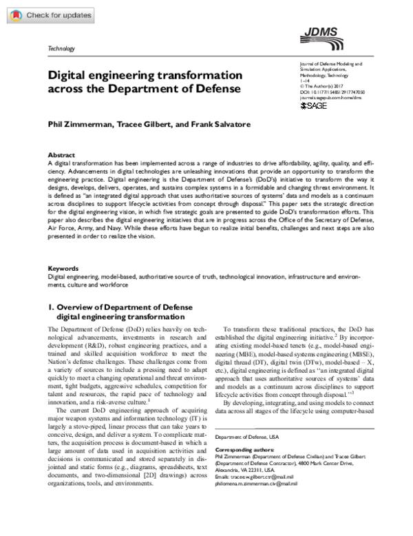 (PDF) Digital engineering transformation across the Department of Defense