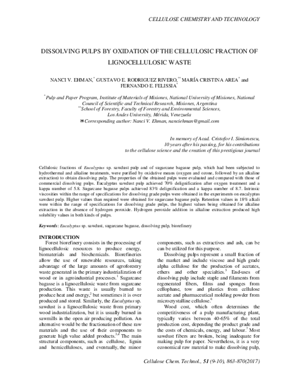 (PDF) Dissolving pulps by oxidation of the cellulosic fraction of lignocellulosic waste