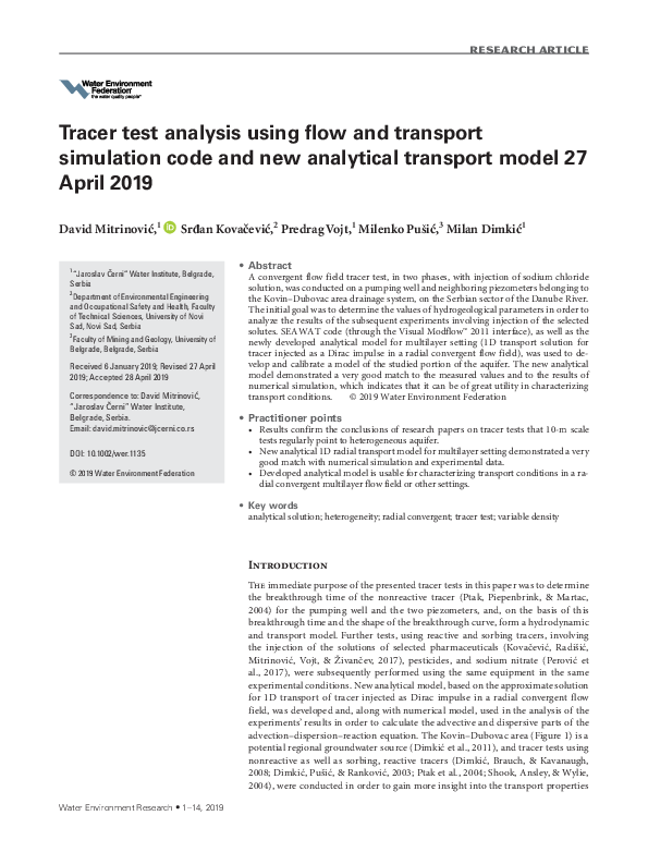(PDF) Tracer test analysis using flow and transport simulation code and ...