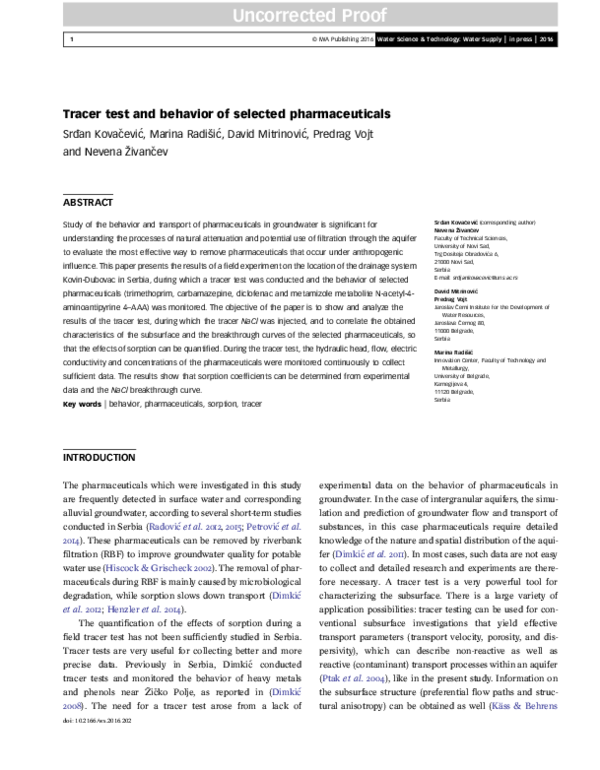 (PDF) Tracer test and behavior of selected pharmaceuticals | David ...