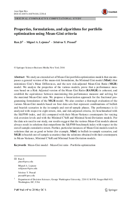 (PDF) Properties, formulations, and algorithms for portfolio optimization using Mean-Gini criteria