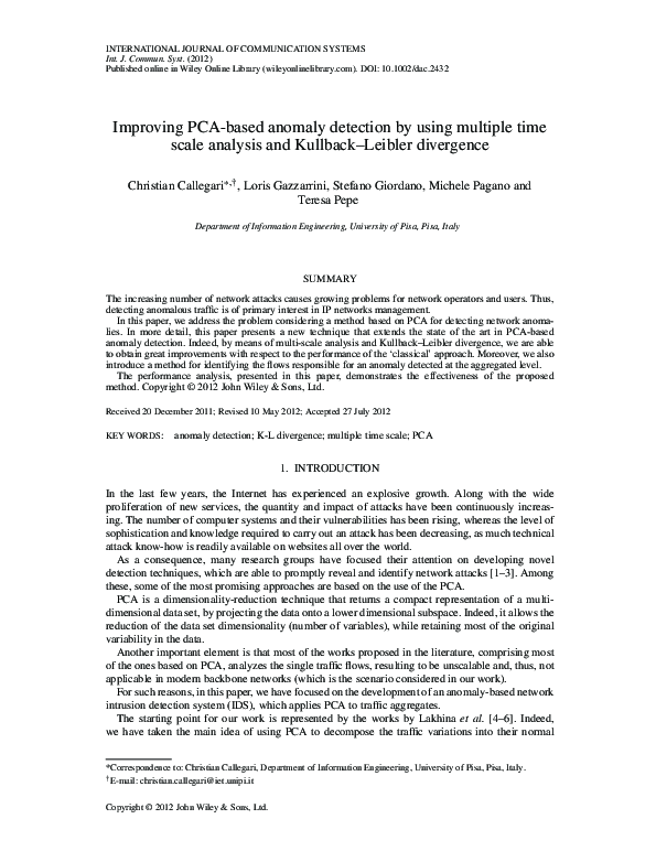 (PDF) Improving PCA‐based anomaly detection by using multiple time scale analysis and Kullback ...