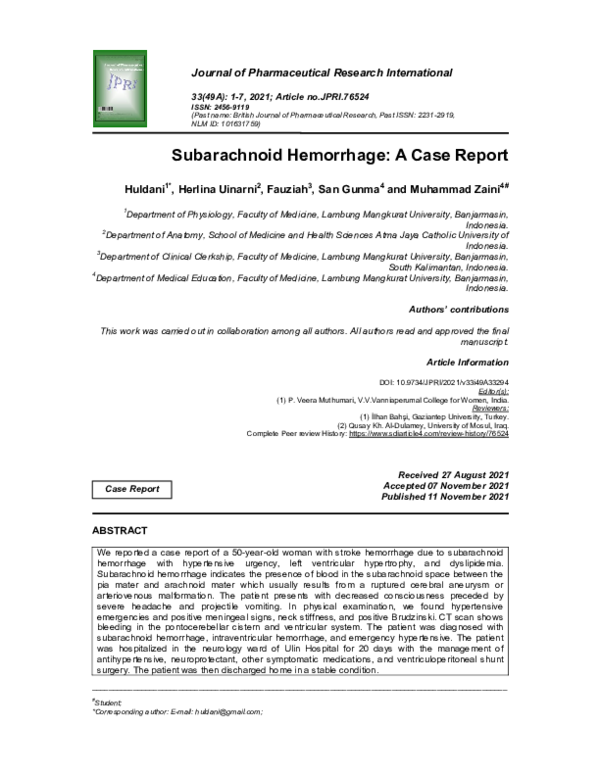 (PDF) Subarachnoid Hemorrhage: A Case Report