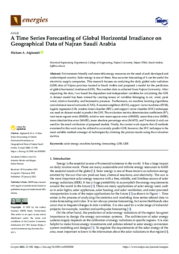 (PDF) A Time Series Forecasting of Global Horizontal Irradiance on Geographical Data of Najran ...