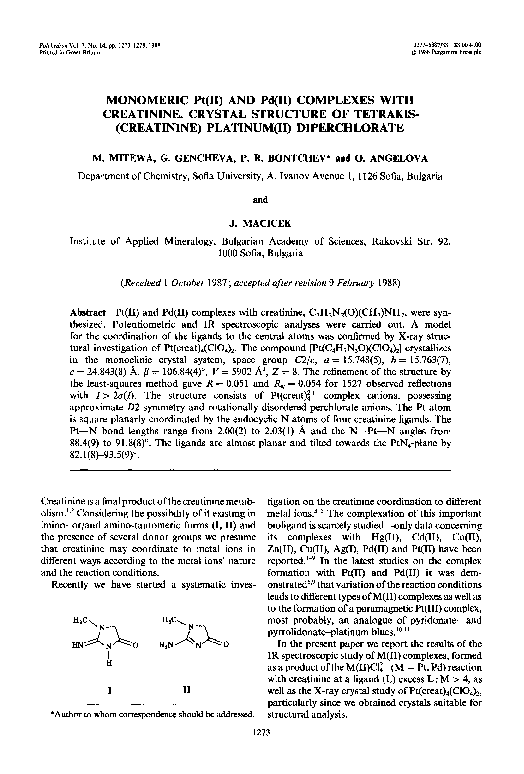(PDF) Monomeric Pt(II) and Pd(II) complexes with Creatinine. Crystal ...