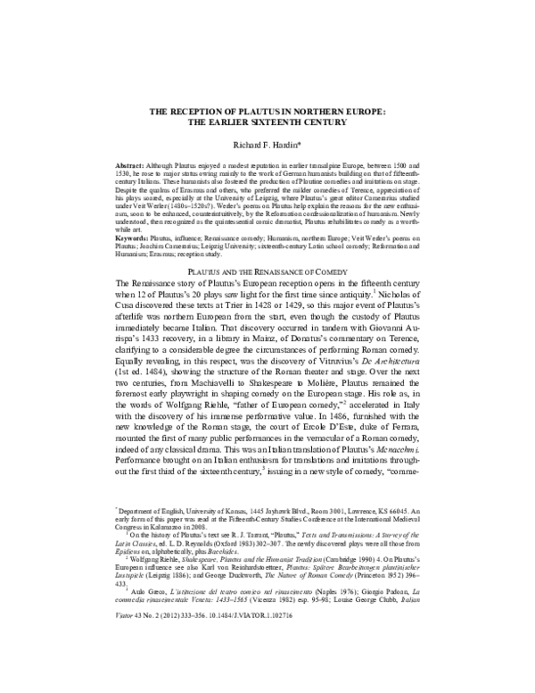 (PDF) The Reception of Plautus in Northern Europe: The Earlier ...