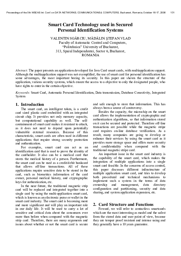 (PDF) Smart card technology used in secured personal identification systems