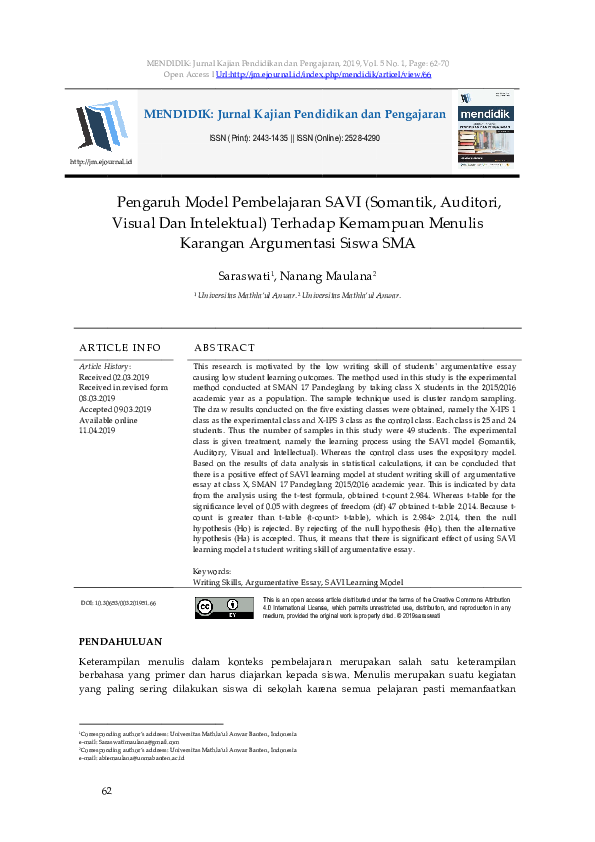 (PDF) Pengaruh Model Pembelajaran SAVI (Somantik, Auditori, Visual Dan ...