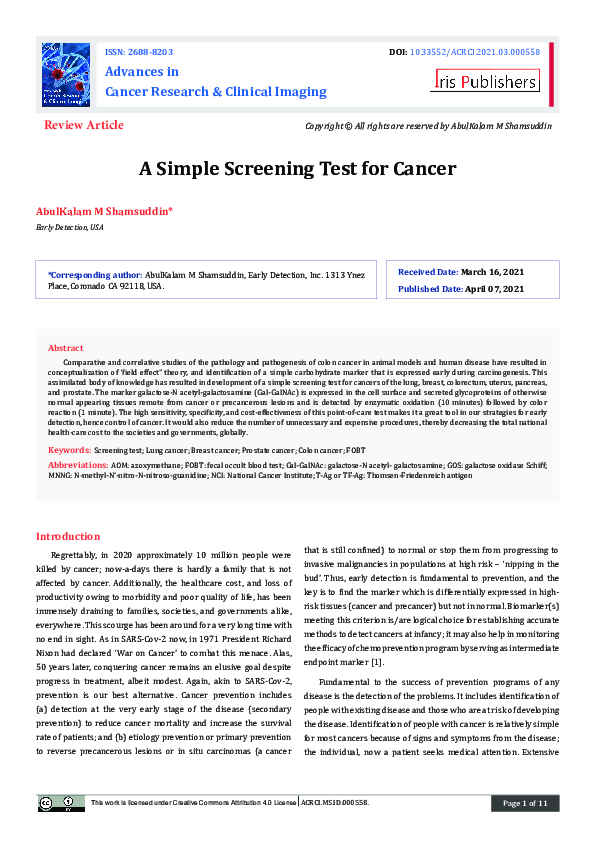(PDF) A Simple Screening Test for Cancer