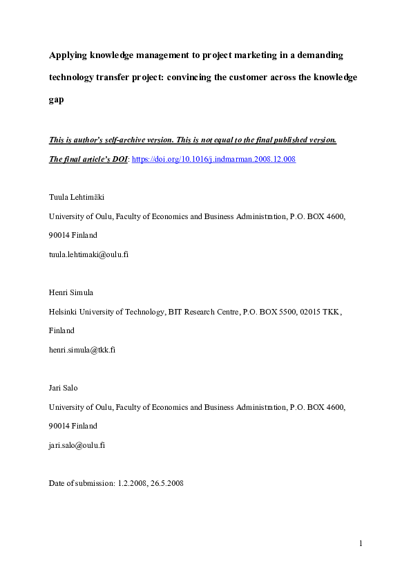 (PDF) Applying knowledge management to project marketing in a demanding technology transfer ...