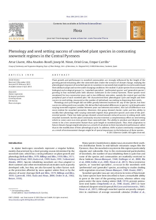 (PDF) Phenology and seed setting success of snowbed plant species in ...