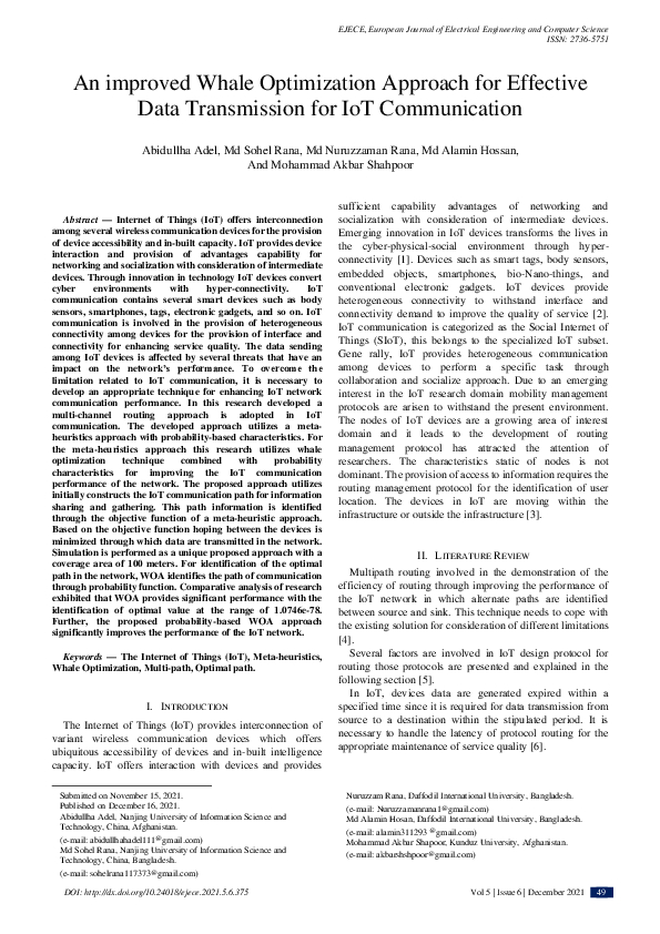 (PDF) An improved Whale Optimization Approach for Effective Data Transmission for IoT Communication
