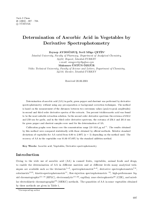 Pdf Determination Of Ascorbic Acid In Vegetables By Derivative Spectrophotometry