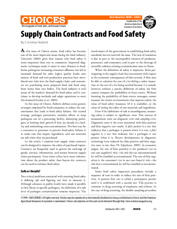 (PDF) Supply Chain Contracts and Food Safety | Andrew Starbird ...