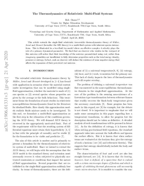(PDF) The Thermodynamics for Relativistic Multi-Fluid Systems