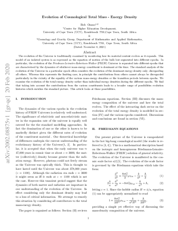 (PDF) Evolution of Cosmological Total Mass -- Energy Density