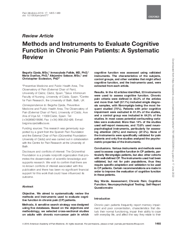 (PDF) Methods and Instruments to Evaluate Cognitive Function in Chronic Pain Patients: A ...