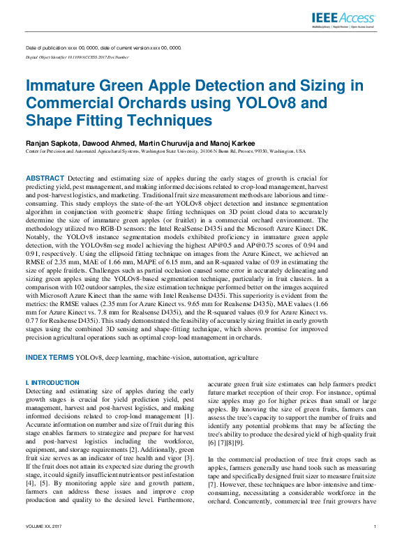 Pdf Immature Green Apple Detection And Sizing In Commercial Orchards Using Yolov8 And Shape