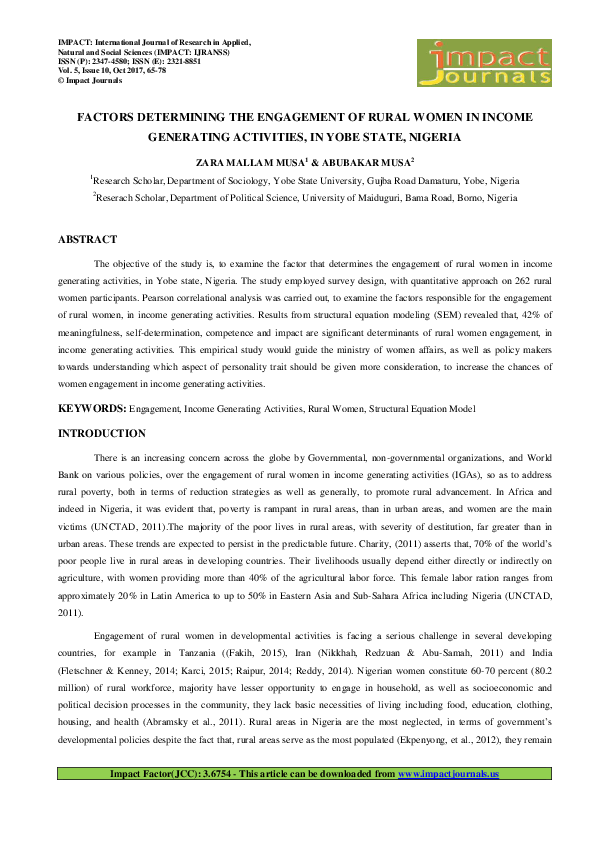 (PDF) FACTORS DETERMINING THE ENGAGEMENT OF RURAL WOMEN IN INCOME ...