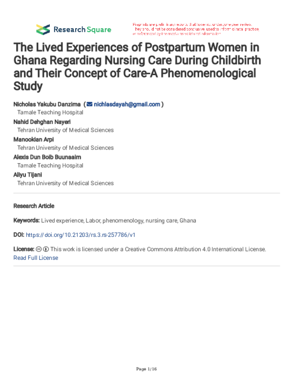 (PDF) The Lived Experiences of Postpartum Women in Ghana Regarding ...