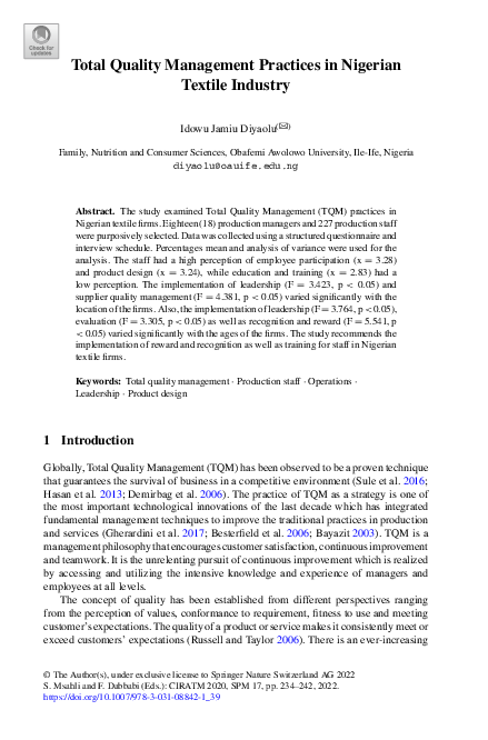 (PDF) Total Quality Management Practices in Nigerian Textile Industry