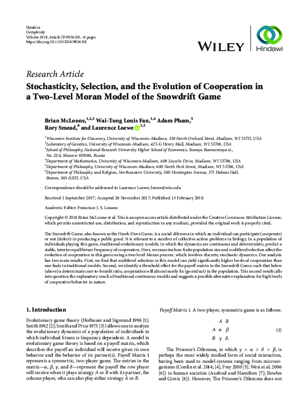(PDF) Stochasticity, Selection, and the Evolution of Cooperation in a ...