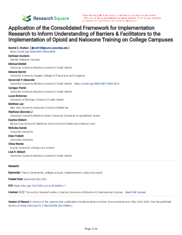 (PDF) Application of the Consolidated Framework for Implementation Research to Inform ...