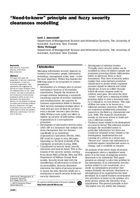(PDF) “Need‐to‐know” principle and fuzzy security clearances modelling