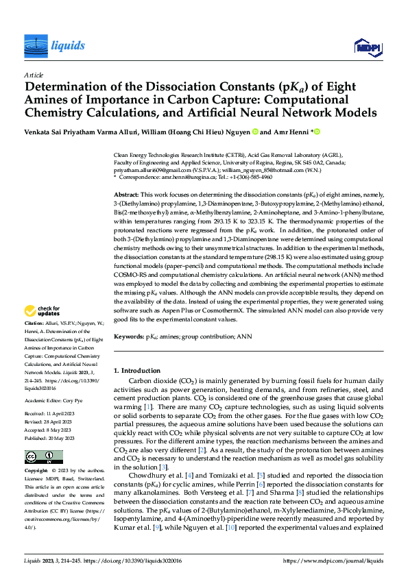 Pdf Determination Of The Dissociation Constants Pka Of Eight Amines Of Importance In Carbon