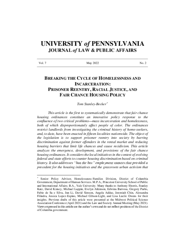 (PDF) Breaking the Cycle of Homelessness and Incarceration Prisoner Re ...