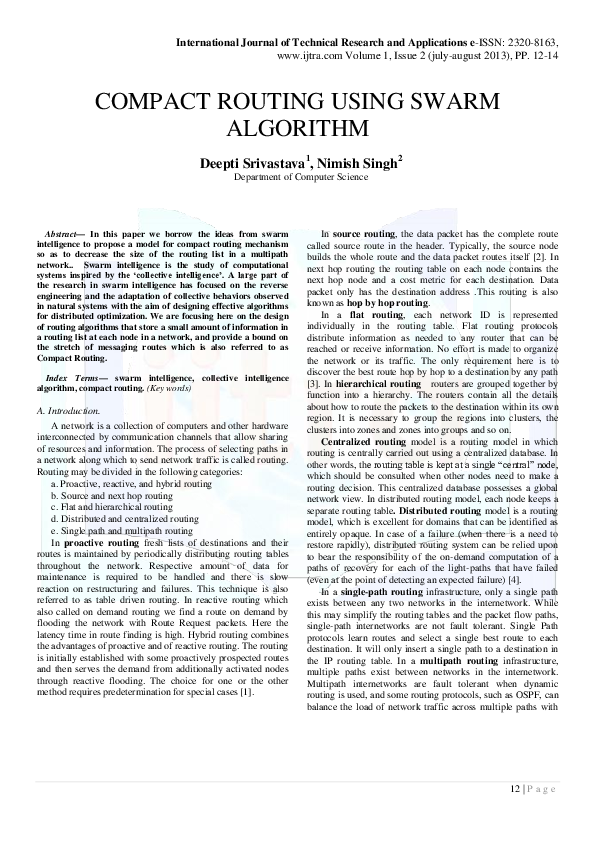 Pdf Compact Routing Using Swarm Algorithm