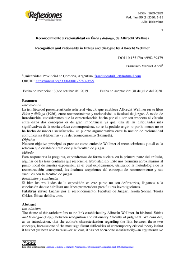 (PDF) Reconocimiento y racionalidad en Ética y diálogo, de Albrecht Wellmer