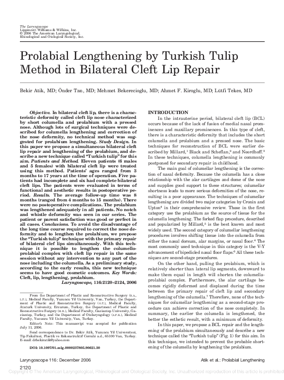 (PDF) Prolabial Lengthening by Turkish Tulip Method in Bilateral Cleft ...