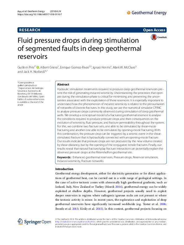 Fluid pressure drops during stimulation of segmented faults in deep ...