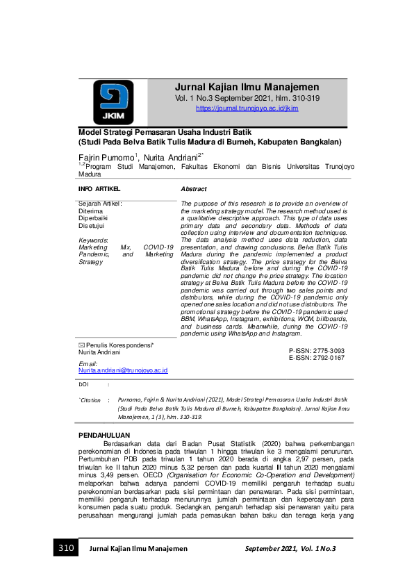 (PDF) Model Strategi Pemasaran Usaha Industri Batik (Studi Pada Belva Batik Tulis Madura di ...