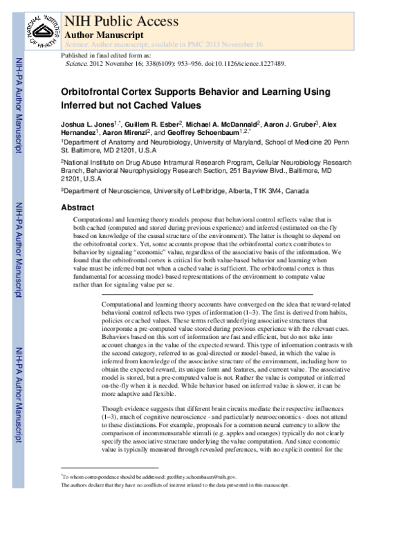 (PDF) Orbitofrontal Cortex Supports Behavior and Learning Using Inferred But Not Cached Values