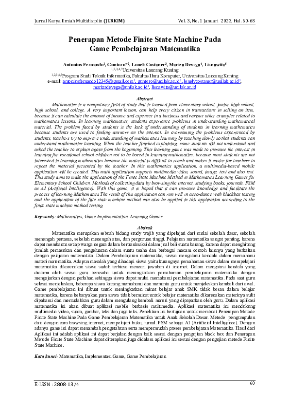 (PDF) Penerapan Metode Finite State Machine Pada Game Pembelajaran Matematika