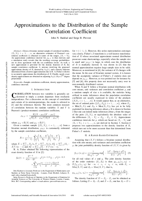 Pdf Approximations To The Distribution Of The Sample Correlation Coefficient