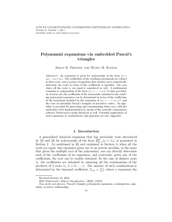 (PDF) Polynomial expansions via embedded Pascal’s triangles