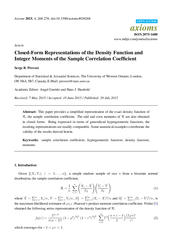 (PDF) Closed-Form Representations of the Density Function and Integer Moments of the Sample ...
