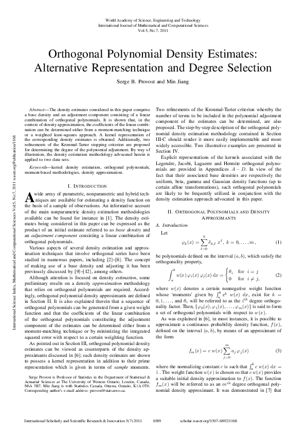 (PDF) Orthogonal Polynomial Density Estimates: Alternative ...